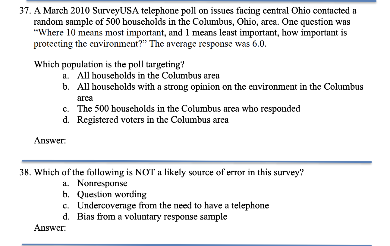 Solved 37. A March 2010 SurveyUSA telephone poll on issues | Chegg.com