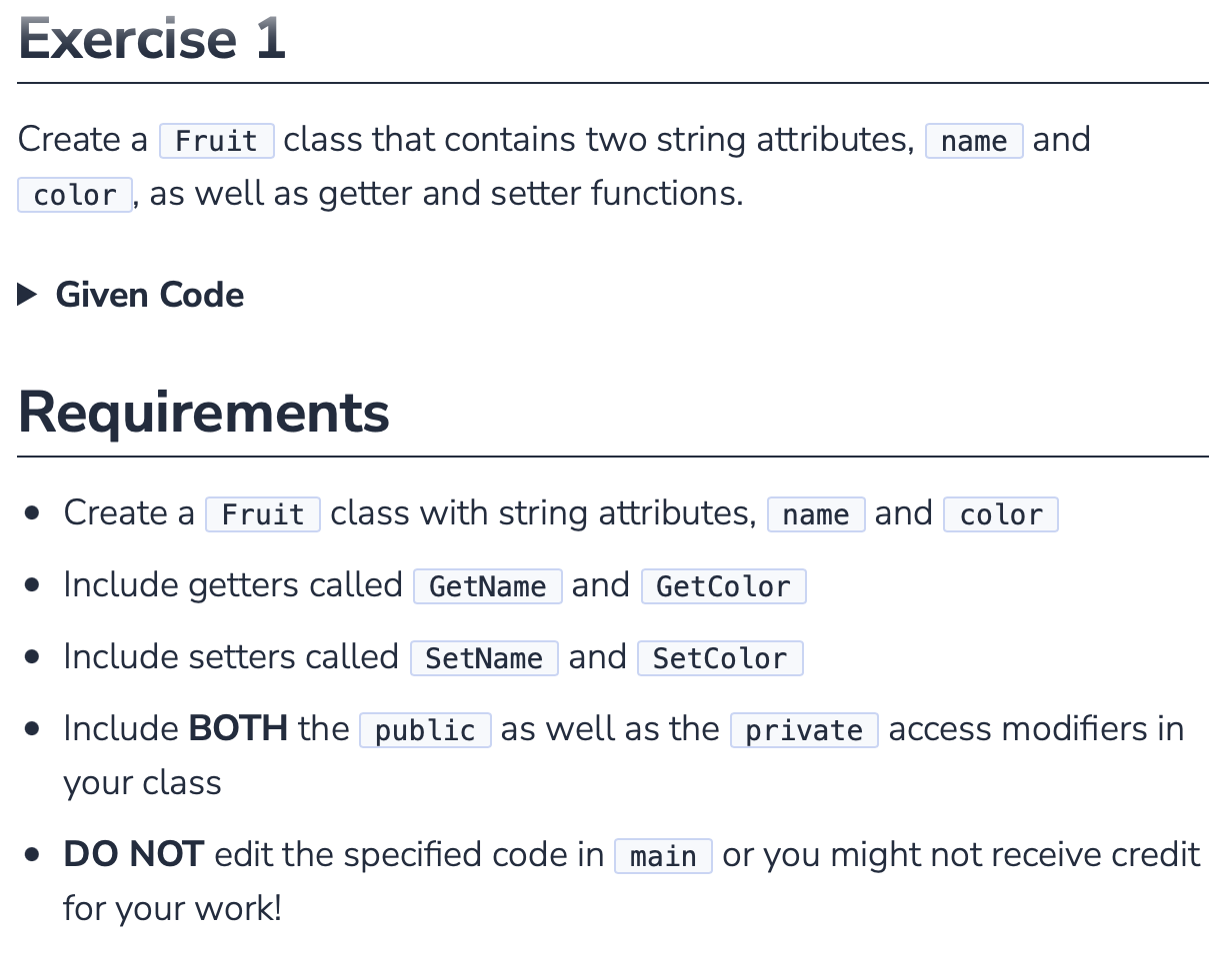 Solved Exercise 1 Create a Fruit class that contains two | Chegg.com