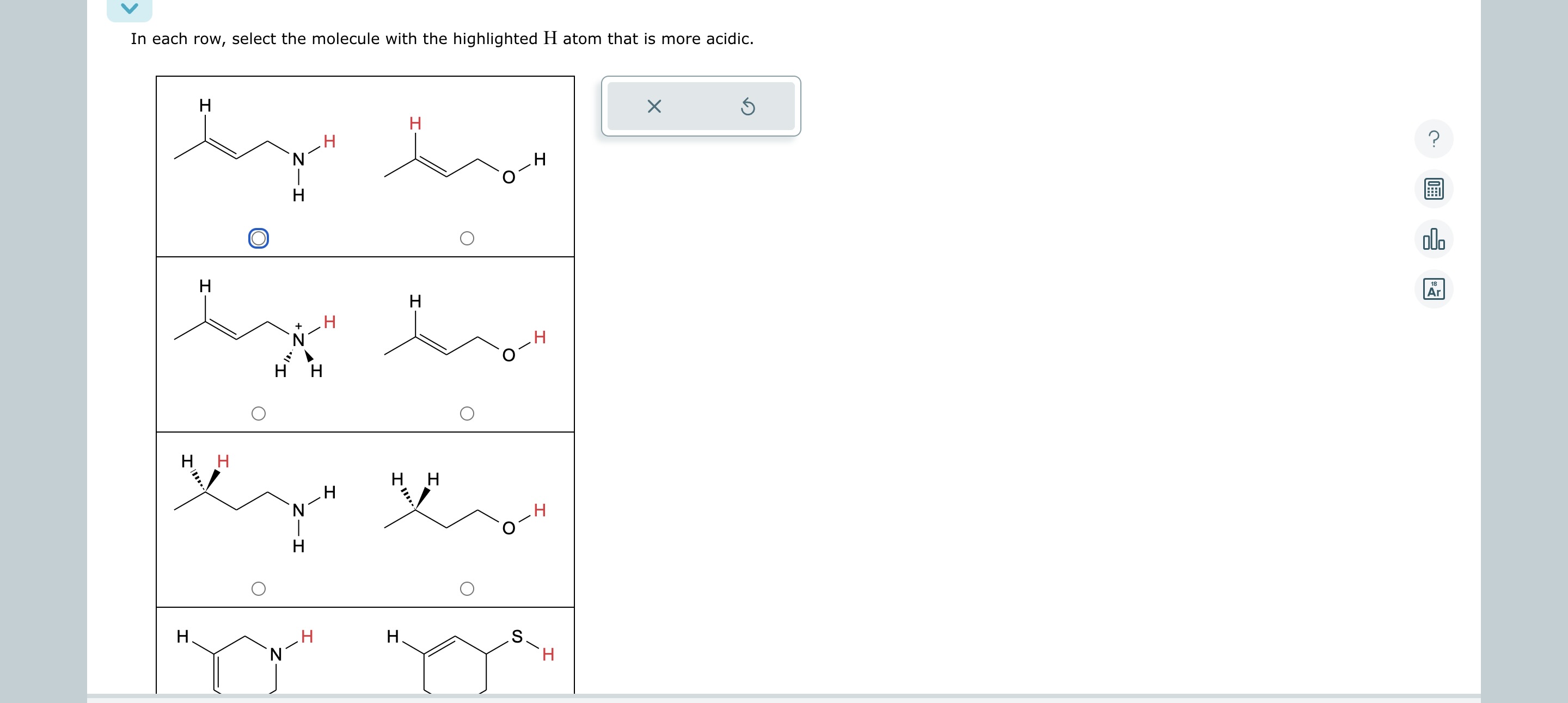 Solved In each row, select the molecule with the highlighted | Chegg.com