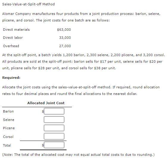 Solved Sales-Value-at-Split-off Method Alomar Company | Chegg.com