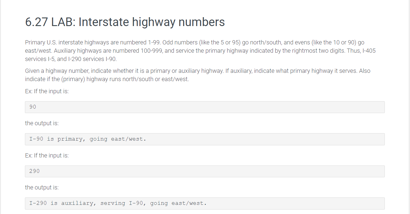 Solved LAB ACTIVITY 6.27.1: LAB: Interstate highway numbers | Chegg.com Solved LAB ACTIVITY 6.27.1: LAB: Interstate highway numbers | Chegg.com