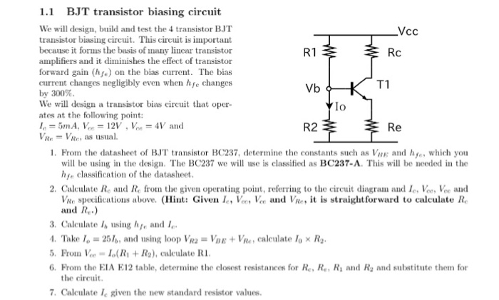 Solved 1.1 BJT transistor biasing circuit We will design, | Chegg.com