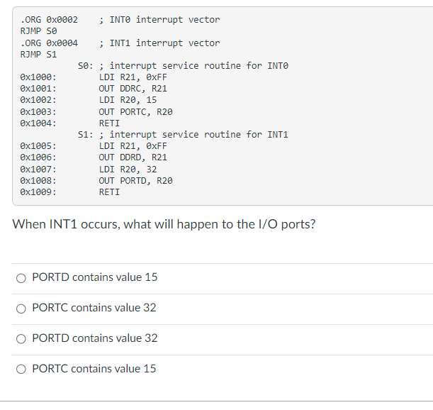Solved When INT1 occurs, what will happen to the I/O ports? | Chegg.com