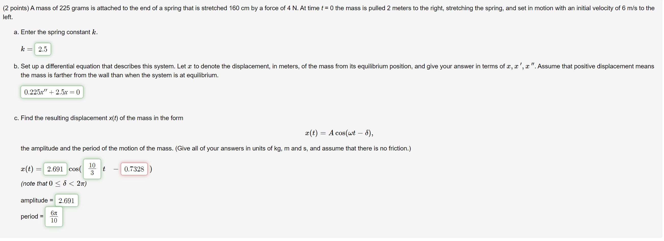 Solved (2 points) A mass of 225 grams is attached to the end | Chegg.com