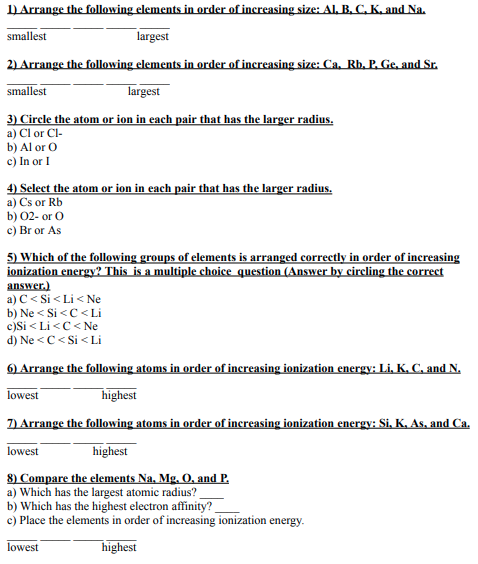 Solved Arrange the following elements in order of increasing | Chegg.com