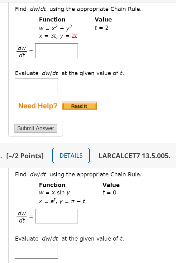 Solved Find Dw dt Using The Appropriate Chain Rule Function Chegg