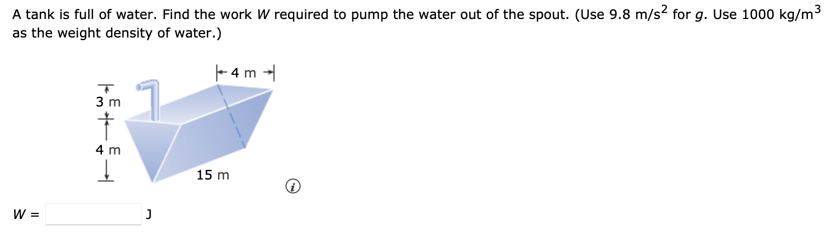 Solved A tank is full of water. Find the work W required to | Chegg.com