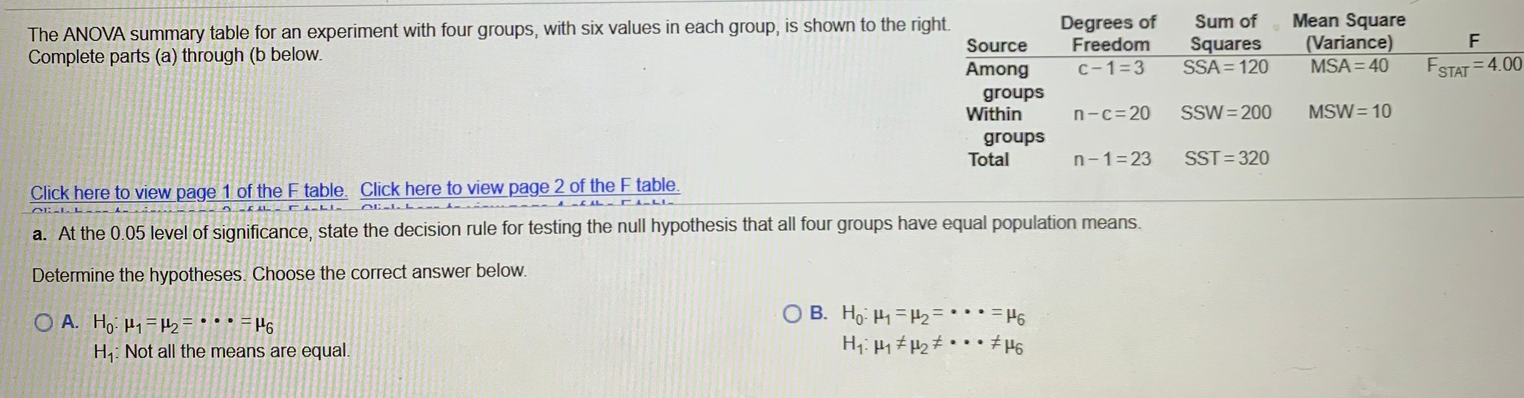 Solved Sum of Squares SSA= 120 Mean Square (Variance) MSA=40 | Chegg.com