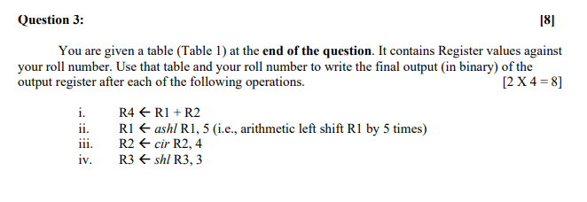 Solved Question 3: [8] You are given a table (Table 1) at | Chegg.com