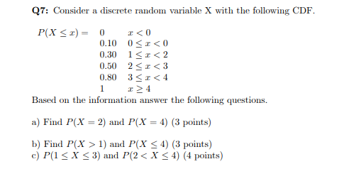 Solved Q7: Consider a discrete random variable X with the | Chegg.com