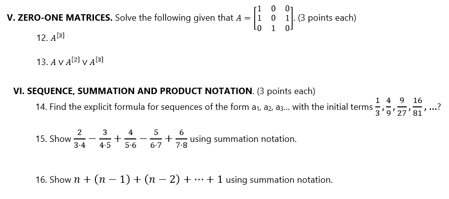 Solved V. ZERO-ONE MATRICES. Solve the following given that | Chegg.com
