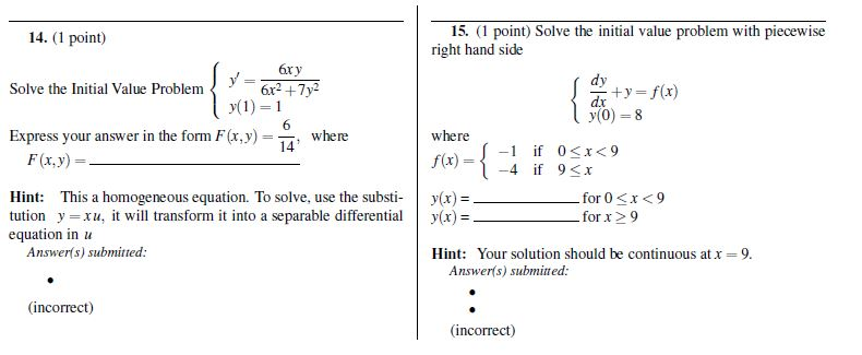 Solved 15. (1 point) Solve the initial value problem with | Chegg.com