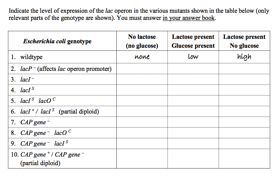Solved Indicate the level of expression of the lac operon in | Chegg.com
