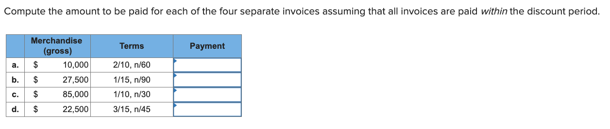 Solved Compute the amount to be paid for each of the four | Chegg.com