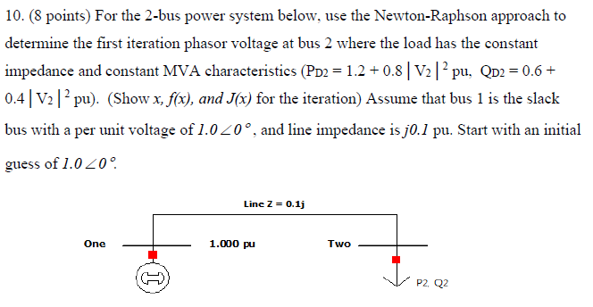 Solved 10. (8 points) For the 2-bus power system below, use | Chegg.com