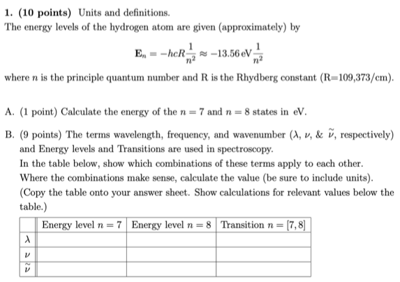 Solved 1. (10 points) Units and definitions. The energy | Chegg.com