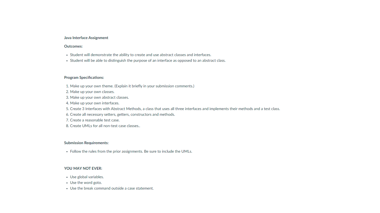Solved Java Interface Assignment Outcomes: • Student will | Chegg.com