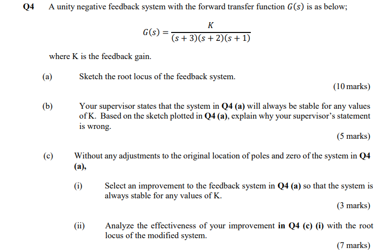 Solved Q4 A unity negative feedback system with the forward | Chegg.com