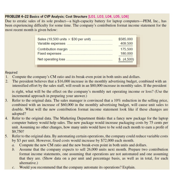 Solved PROBLEM 4-22 Basics of CVP Analysis; Cost Structure | Chegg.com