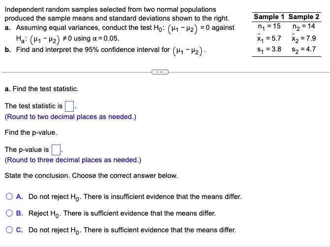 Solved Independent random samples selected from two normal | Chegg.com