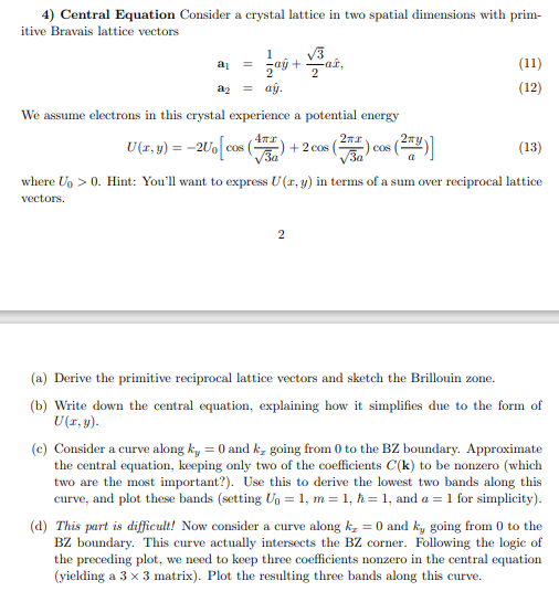 Solved 4) Central Equation Consider a crystal lattice in two | Chegg.com