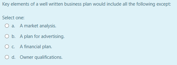Solved Key elements of a well written business plan would | Chegg.com