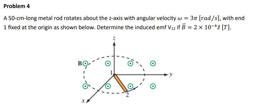 Solved A 50-cm-long metal rod rotates about the z-axis with | Chegg.com