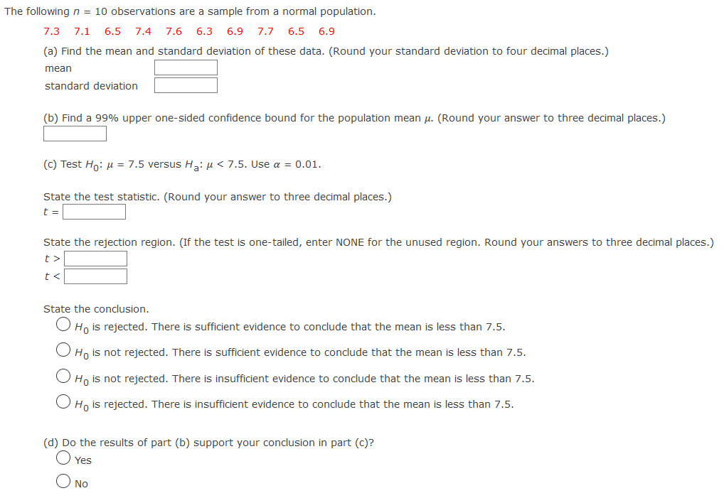 Solved The following n = 10 observations are a sample from a | Chegg.com