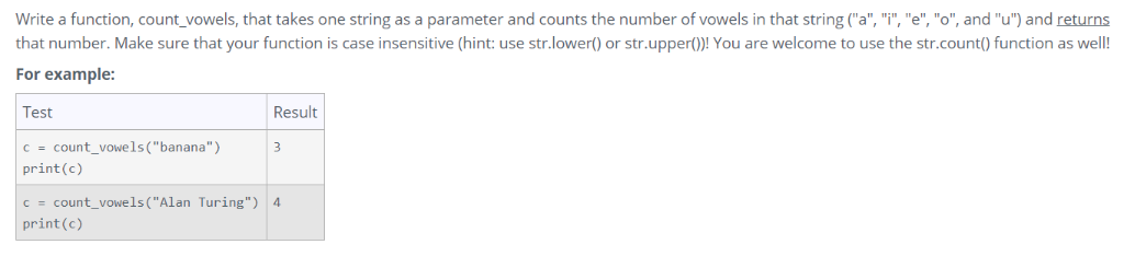 Solved Write a function, count_vowels, that takes one string | Chegg.com