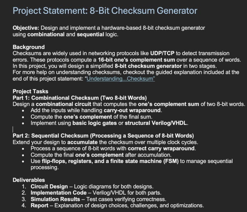 Project Statement: 8-Bit Checksum Generator | Chegg.com