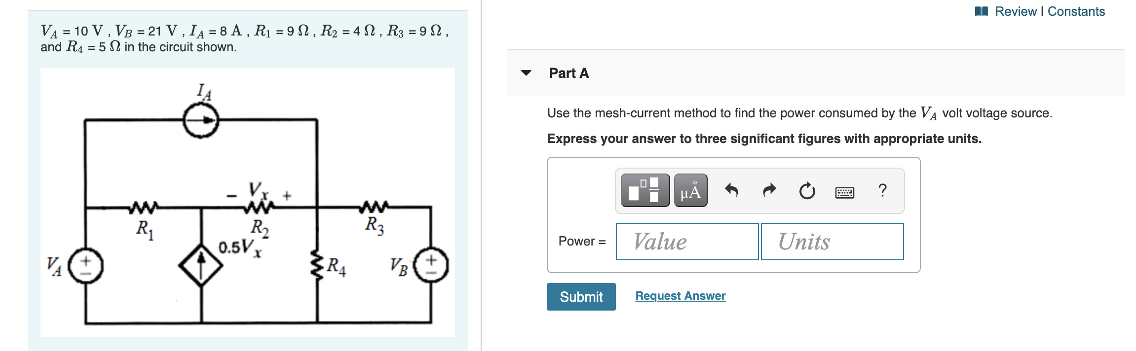 Solved NI Review | Constants VA = 10 V , VB = 21 V , IA = 8 | Chegg.com