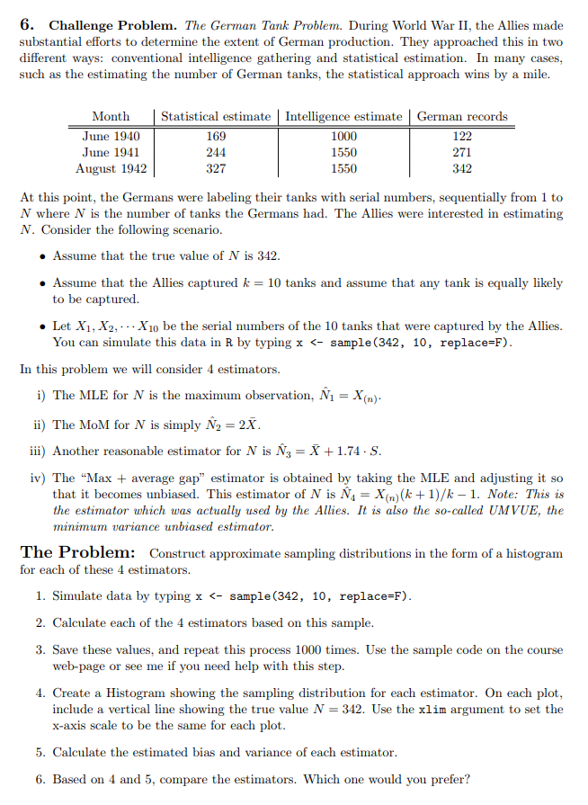 6. Challenge Problem. The German Tank Problem. During | Chegg.com
