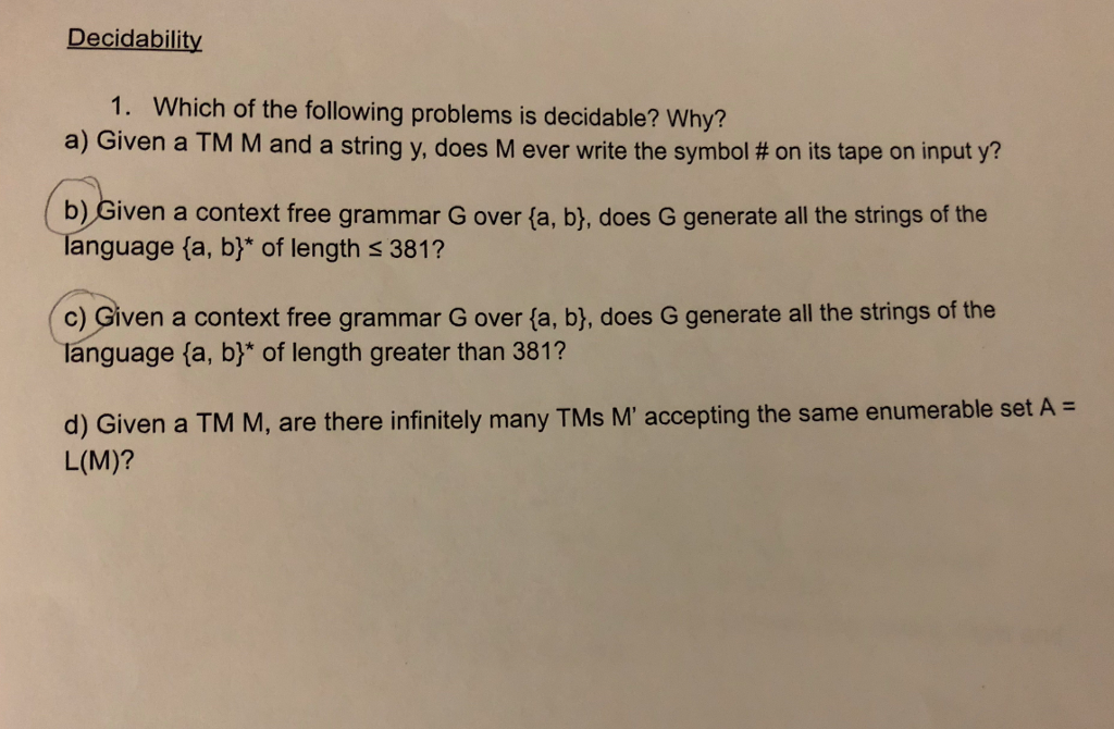 Solved Decidability 1. Which of the following problems is | Chegg.com