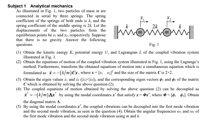 Solved Subject 1 Analytical mechanics As illustrated in Fig. | Chegg.com