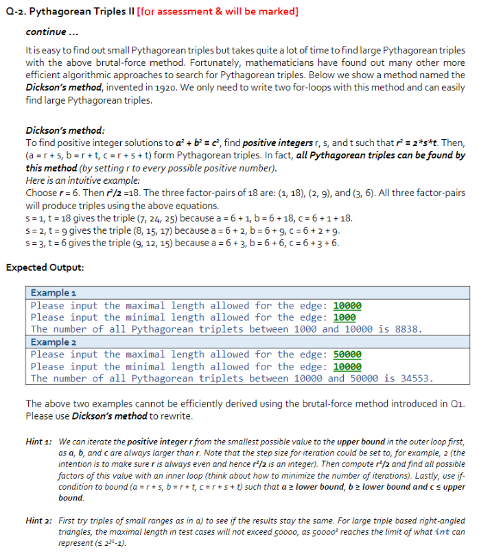 Solved Q-2. Pythagorean Triples II [for assessment \& will | Chegg.com