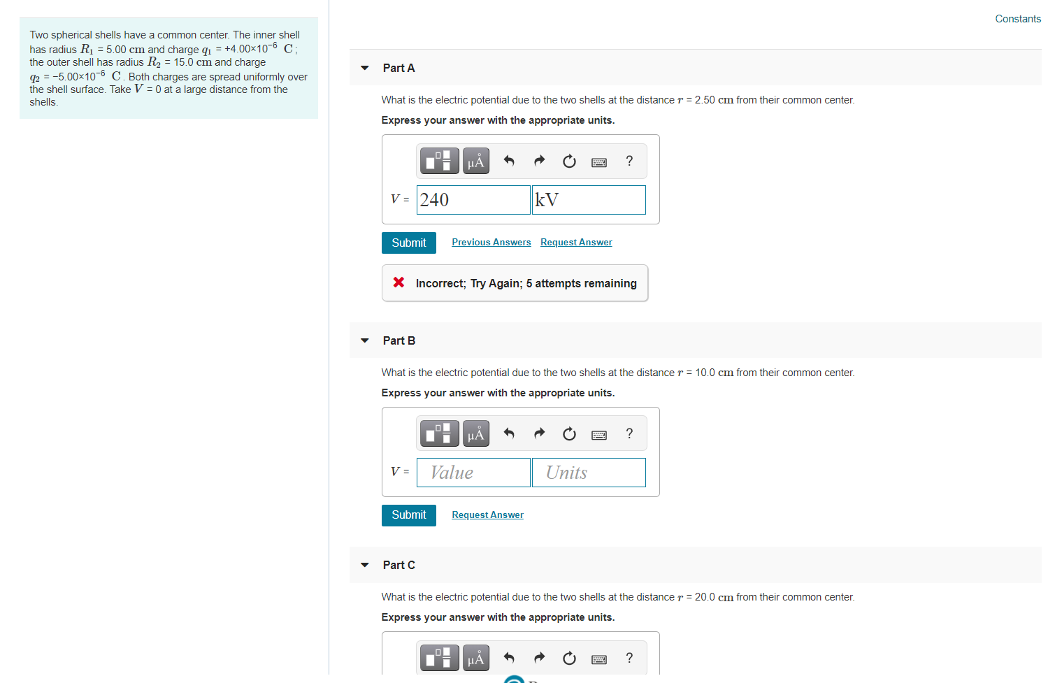 Solved Constants Two spherical shells have a common center. | Chegg.com