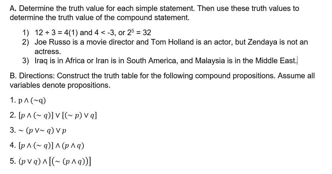Solved A. Determine the truth value for each simple | Chegg.com