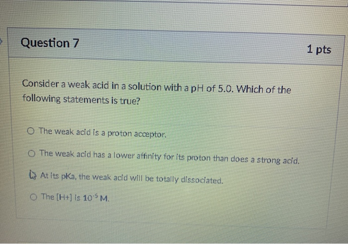 Solved 1 pts Question 7 Consider a weak acid in a solution | Chegg.com