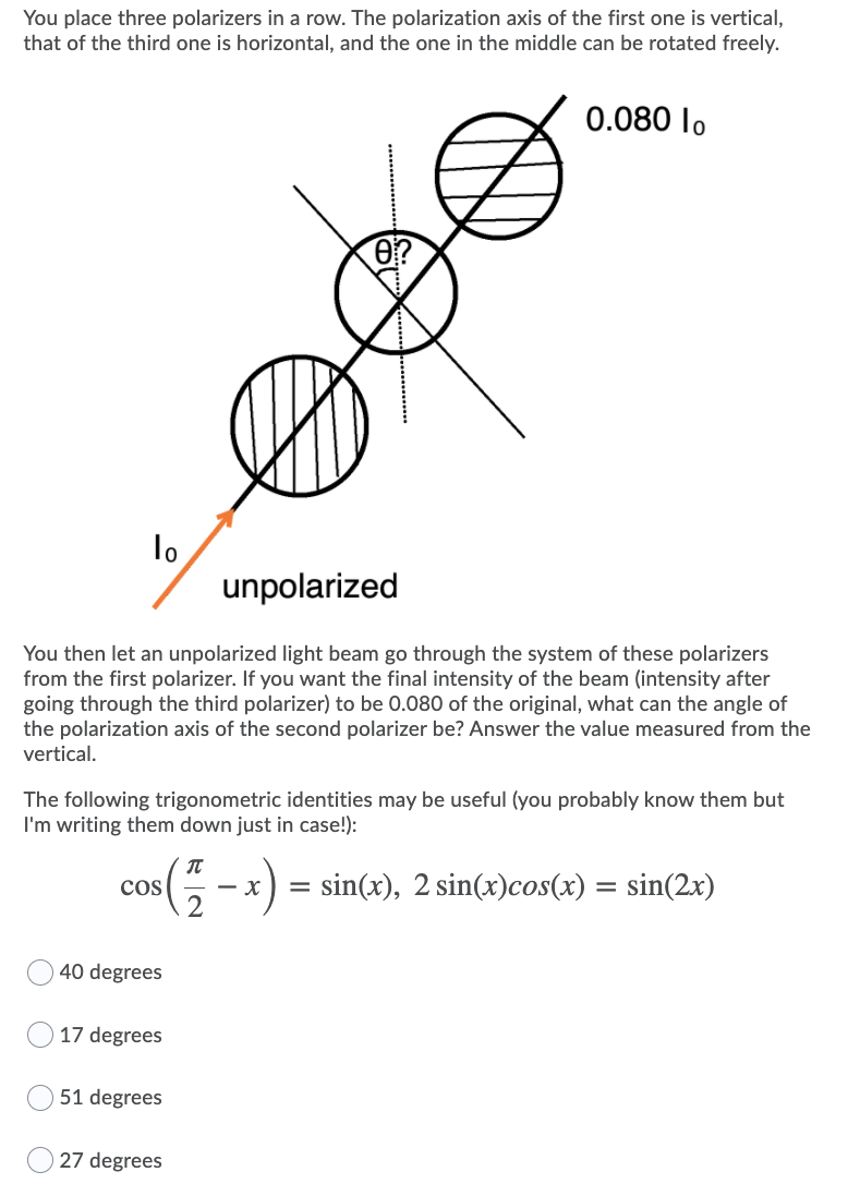 Solved You place three polarizers in a row. The polarization | Chegg.com