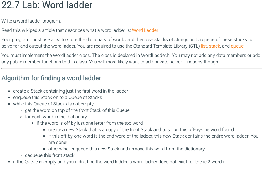 Solved Must use file names: WordLadder.cpp, main.cpp, and | Chegg.com