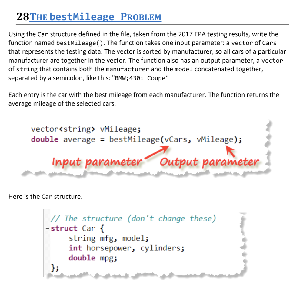 Solved 28THE bestMileage PROBLEM Using the Car structure | Chegg.com