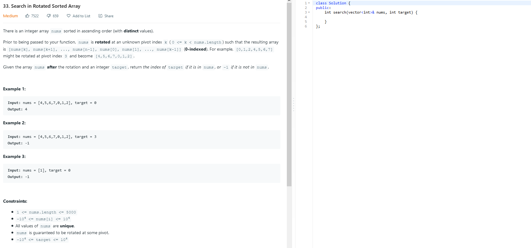 Solved 33. Search in Rotated Sorted Array class Solution { | Chegg.com