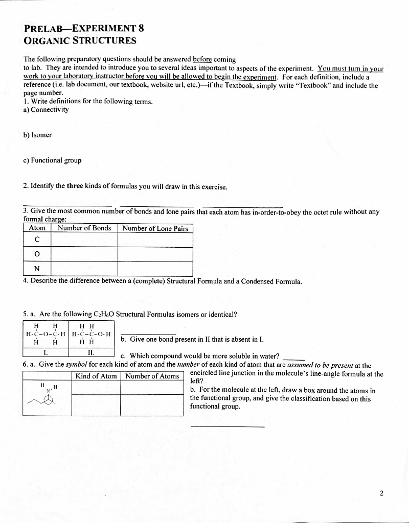 Solved PRELAB-EXPERIMENT 8 ORGANIC STRUCTURES The following | Chegg.com