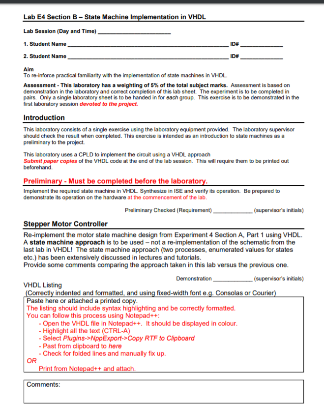 Lab E4 Section B State Machine Implementation in VHDL | Chegg.com