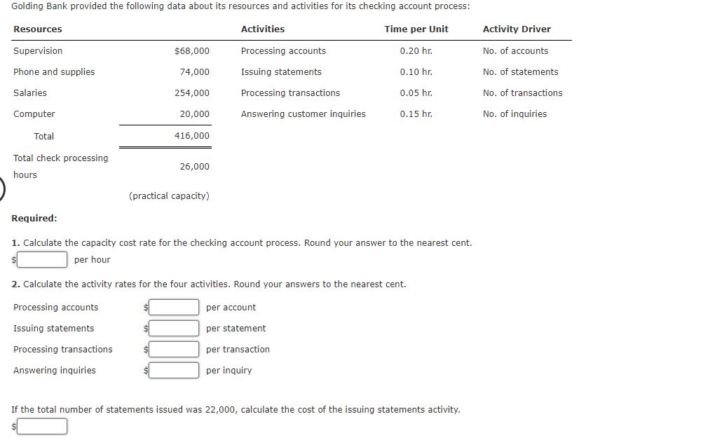 Solved 1. Calculate the capacity cost rate for the checking | Chegg.com