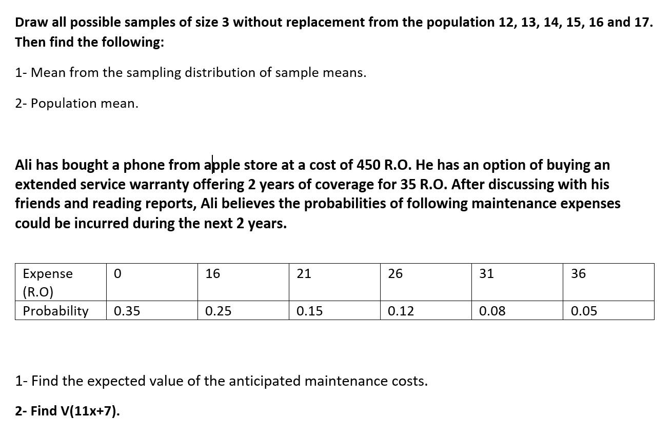 Solved Draw all possible samples of size 3 without | Chegg.com