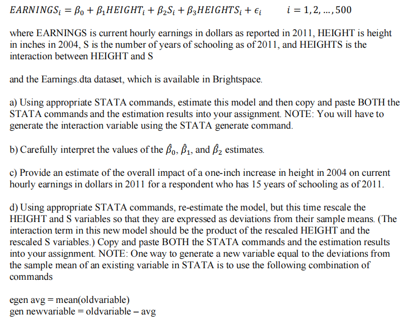 EARNINGS; = Be + B.HEIGHT; + B2Si + B3HEIGHTS; + Ei i | Chegg.com