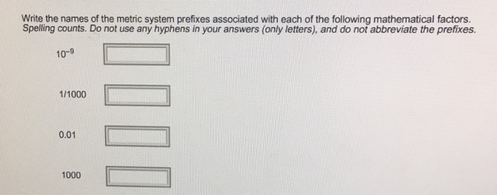 Solved Write the names of the metric system prefixes | Chegg.com