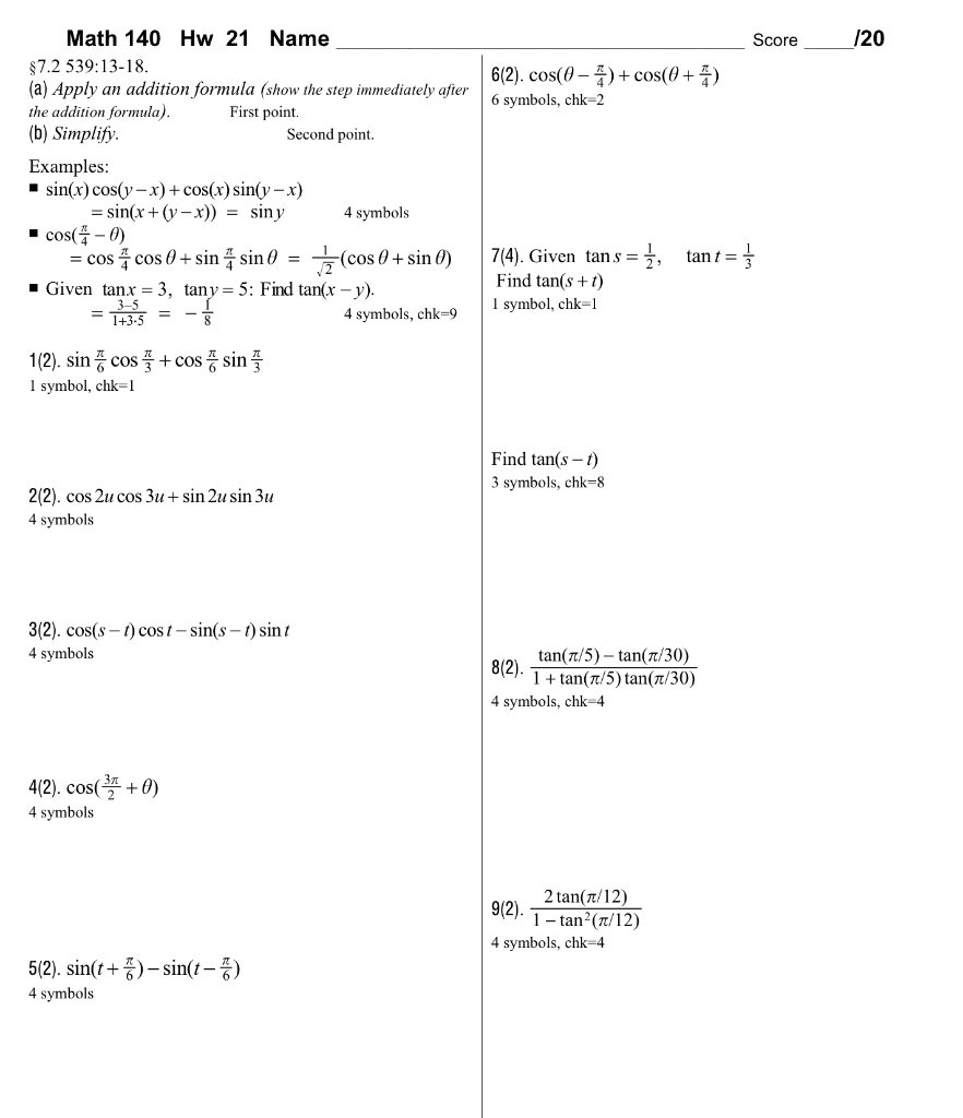 Solved Score /20 6(2). cos(0-1) + cos(0+ 6 symbols, chk=2 ) | Chegg.com