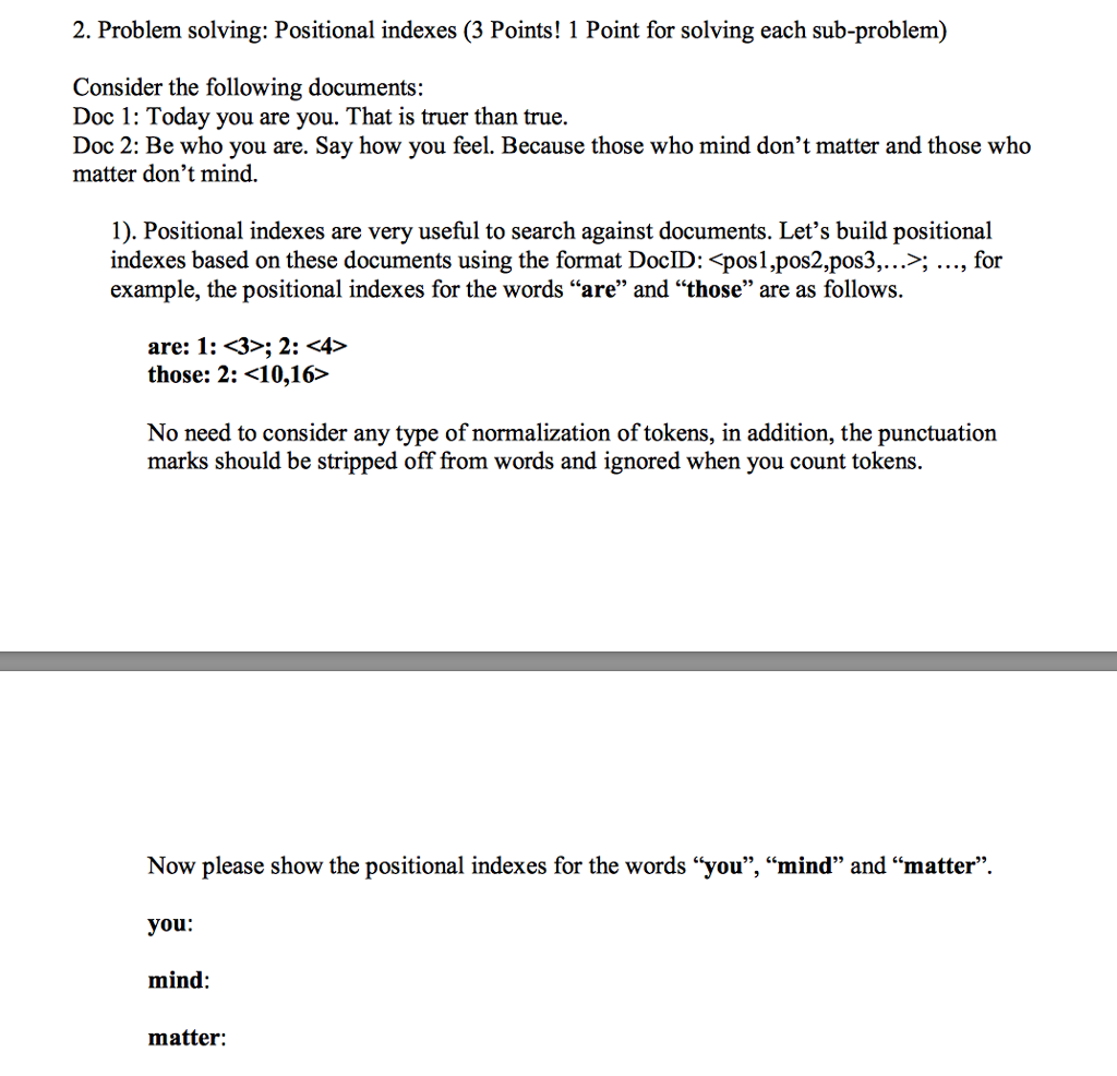 Solved 2. Problem solving: Positional indexes (3 Points! 1 | Chegg.com